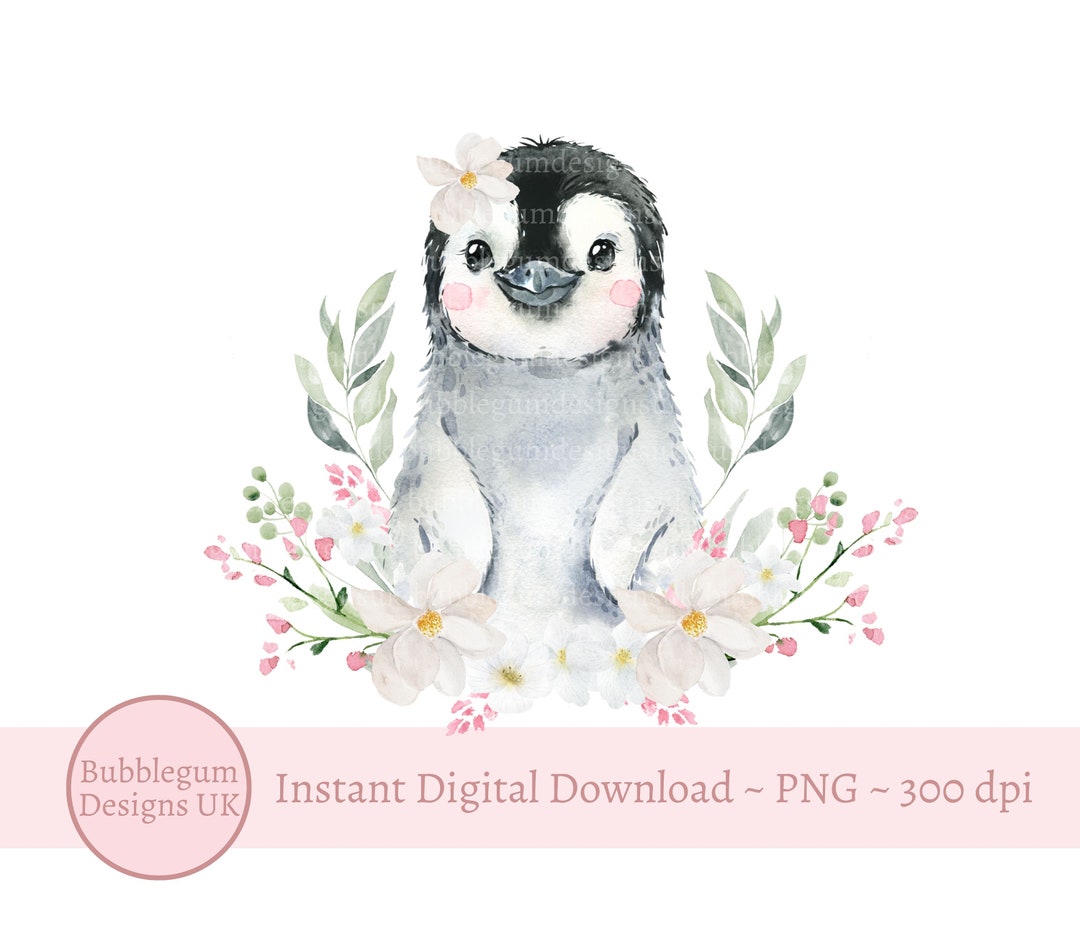 Pink Floral Baby Penguin PNG, Watercolor Penguin Sublimation Design ...