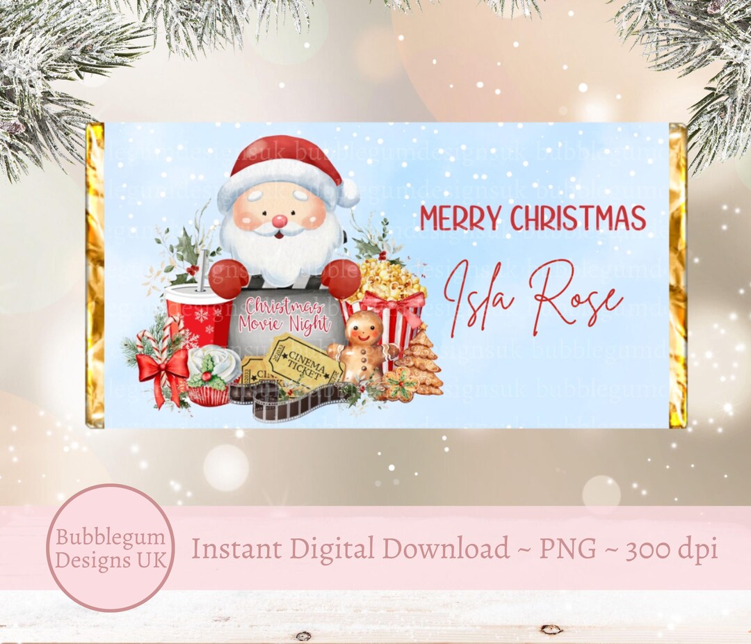 Santa Christmas Movie Night Chocolate Wrapper, Printable Chocolate ...