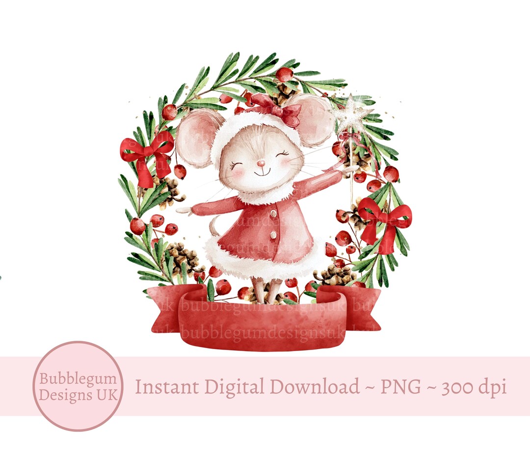 Christmas Mouse Wreath Sublimation, PNG, Christmas Mouse, Christmas Eve ...