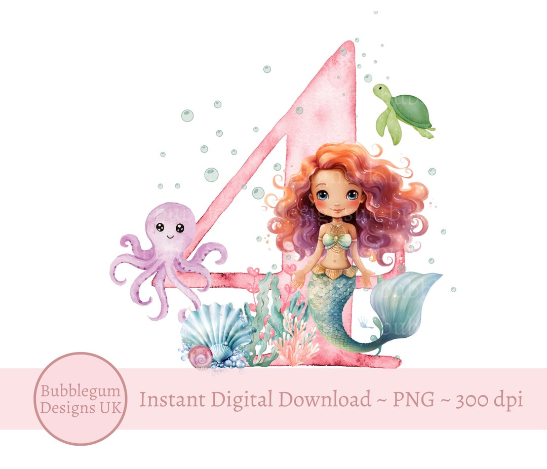 Mermaid PNG, Mermaid 4th Birthday Sublimation Design, Under the Sea PNG ...