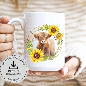 Highland Cow Sunflower Wreath PNG, Sunflowers and Cow Clip Art, Kitchen ...