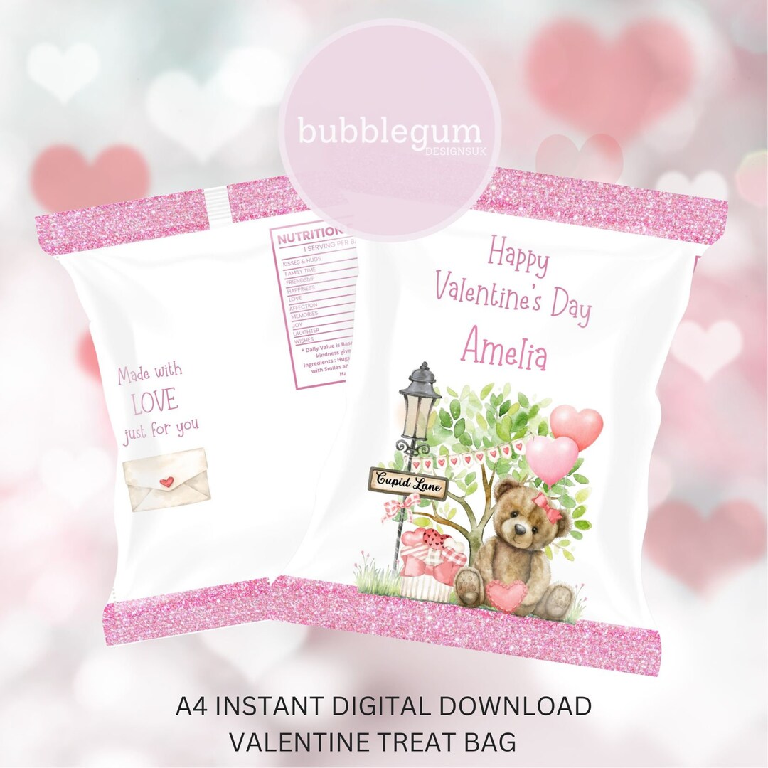 Teddy Bear & Heart Balloons Valentine's Day Treat Packet, A4 Printable ...
