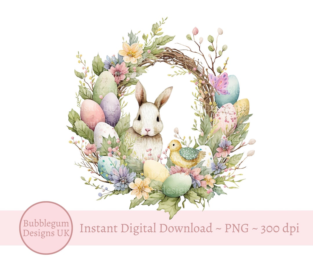 Easter Bunny Floral Easter Egg Wreath PNG, Easter Bunny Sublimation ...