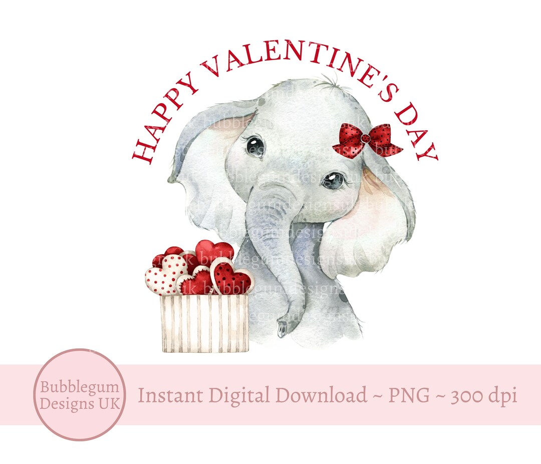 Happy Valentine's Day Elephant PNG, Sublimation Design, Red Hearts ...