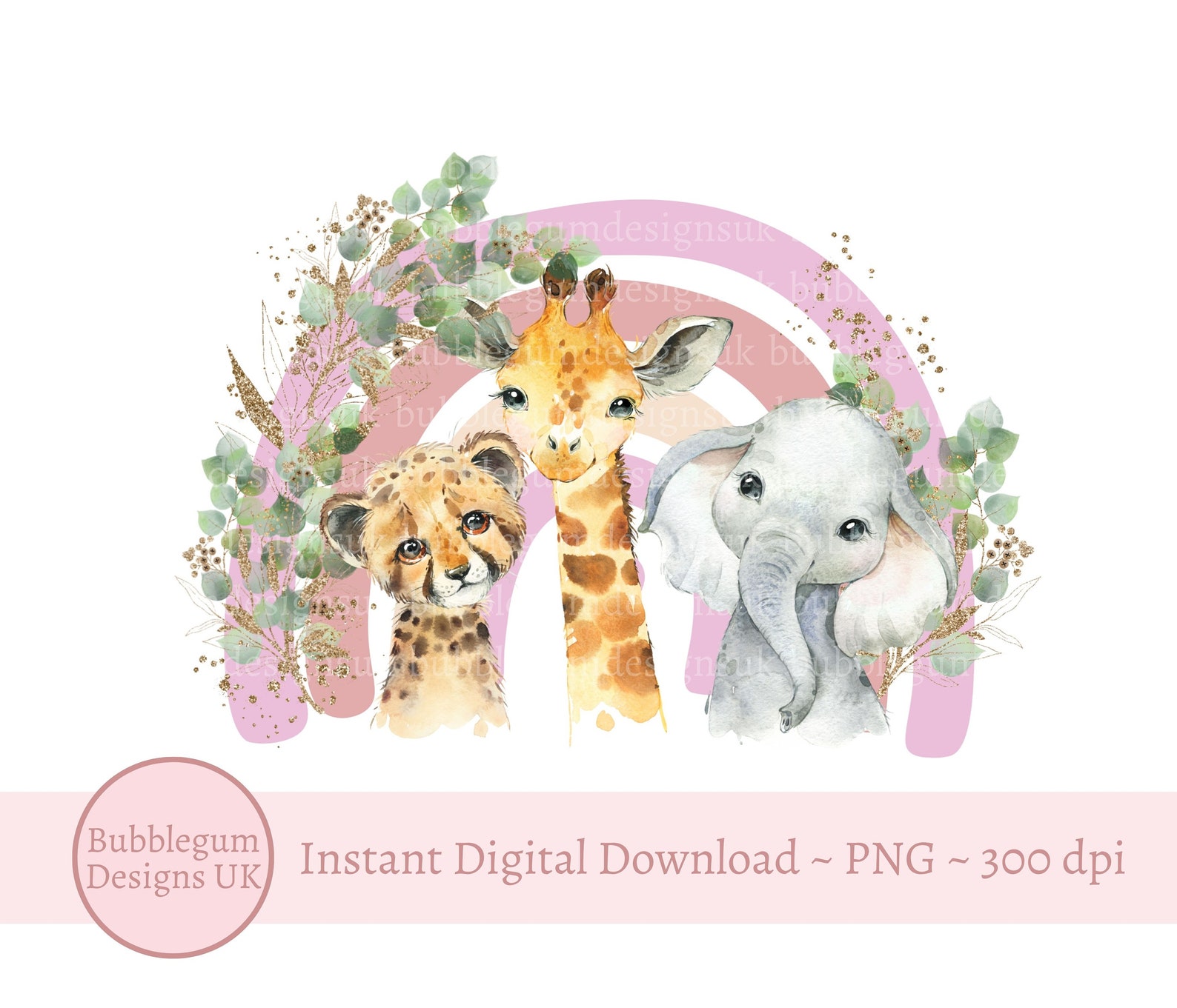 Pink Safari Animals Rainbow PNG, Cute Elephant, Giraffe, Leopard ...