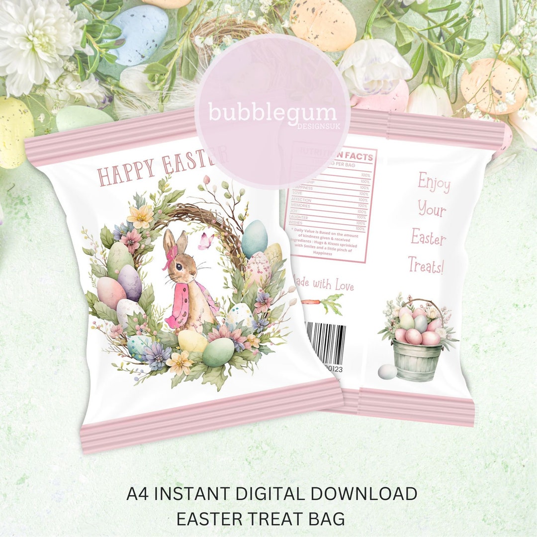 Pink Bunny Easter Treat Packet, A4 Printable JPG, Easter Treat Bag ...