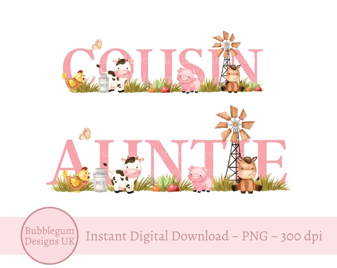 Auntie & Cousin Pink Farm Birthday PNG, Farm Animals Sublimation Design ...