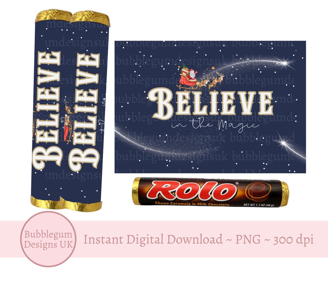 Santa Sleigh BELIEVE Christmas Rolo Wrapper, Printable Chocolate Candy ...