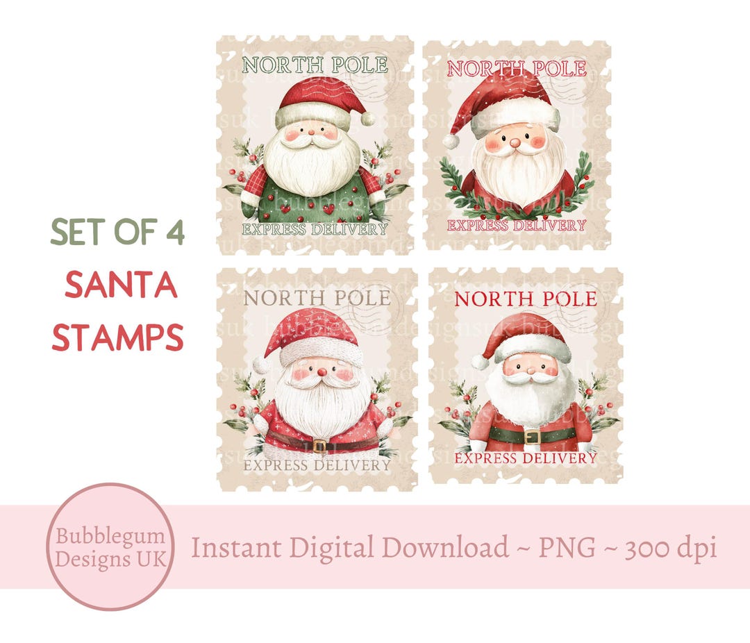 Santa Postage Stamps Set PNG, North Pole Mail Stamp Set, Stickers ...
