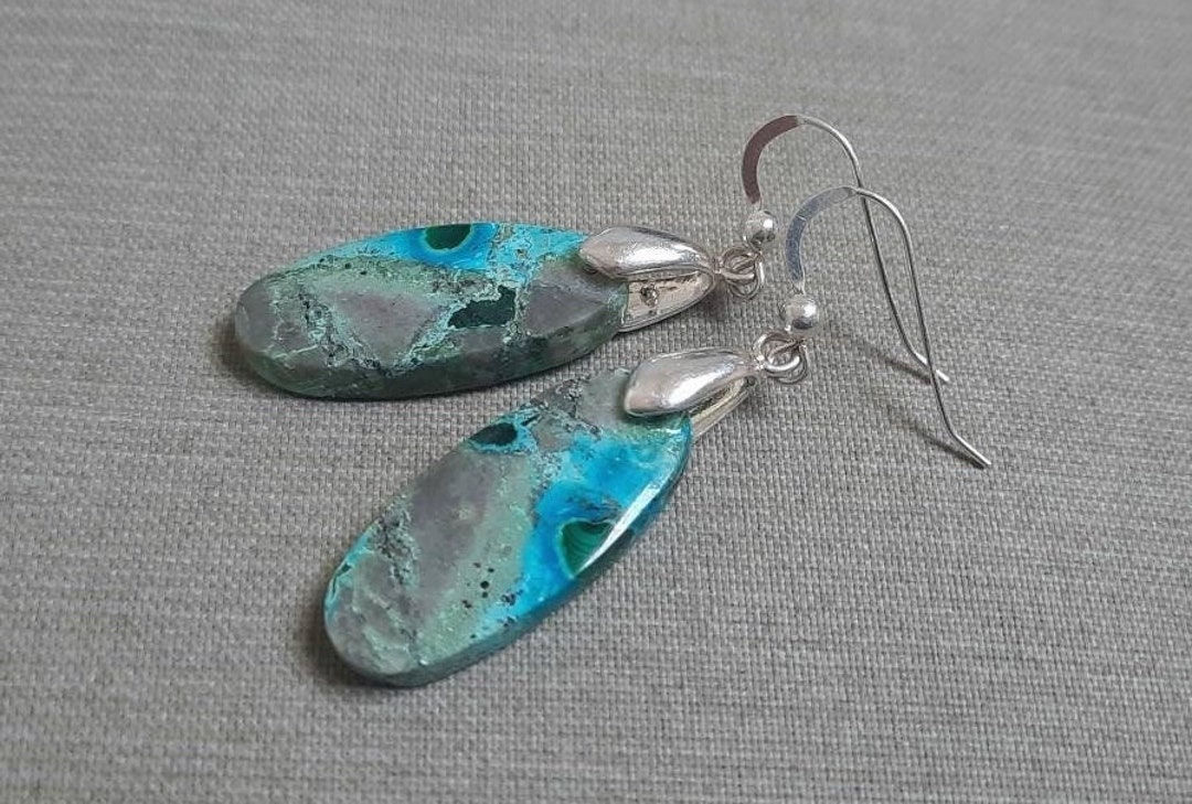 Azurite Malachite Peacock Oval Earrings-sterling Silver - Etsy