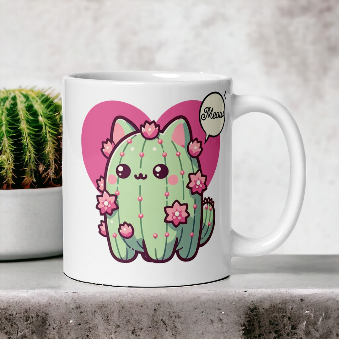 Cactus Cat Mug – Kawaii Ceramic Coffee Cup, "meow" - Etsy