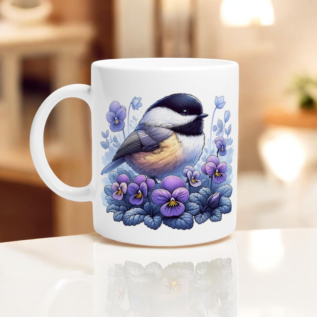 Chickadee Mug | Spring Bird Coffee Mug | Purple Pansy Tea Cup | Bird ...