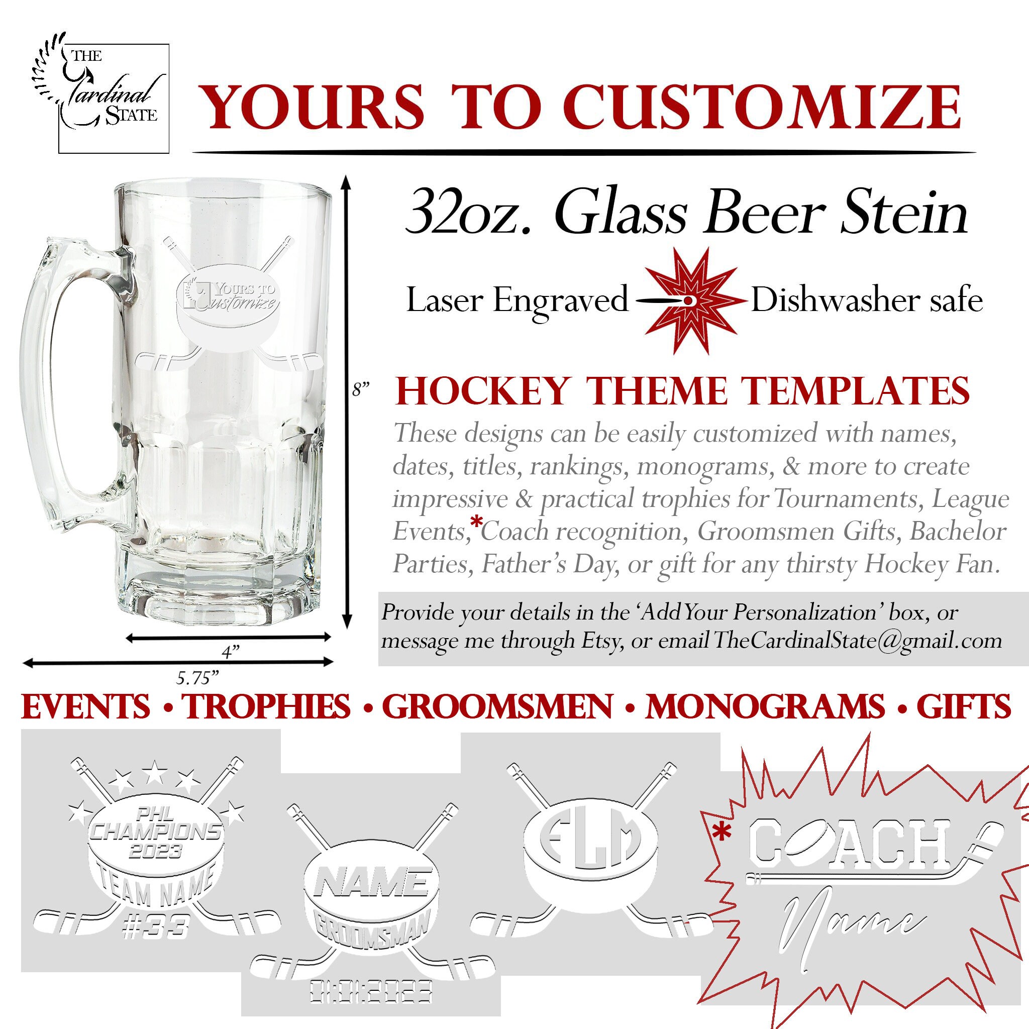 Custom Hockey Giant Beer Stein Glass Trophy Personalized Etched ...