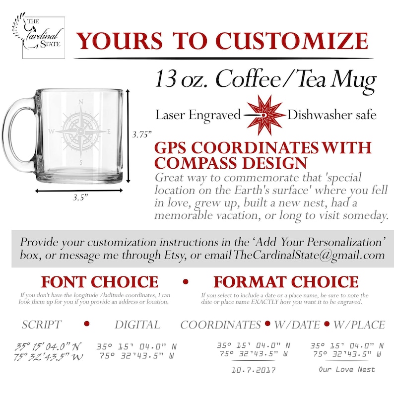 Personalized Custom Engraved GPS Coordinates With Compass Coffee Mug ...