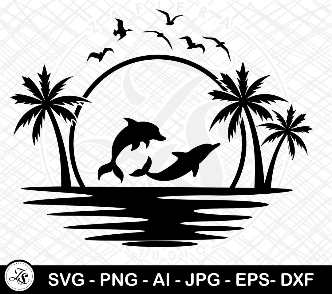 Dolphin Svg, Dolphin Palm Tree Sunset, Palm Trees Svg, Tropical ...