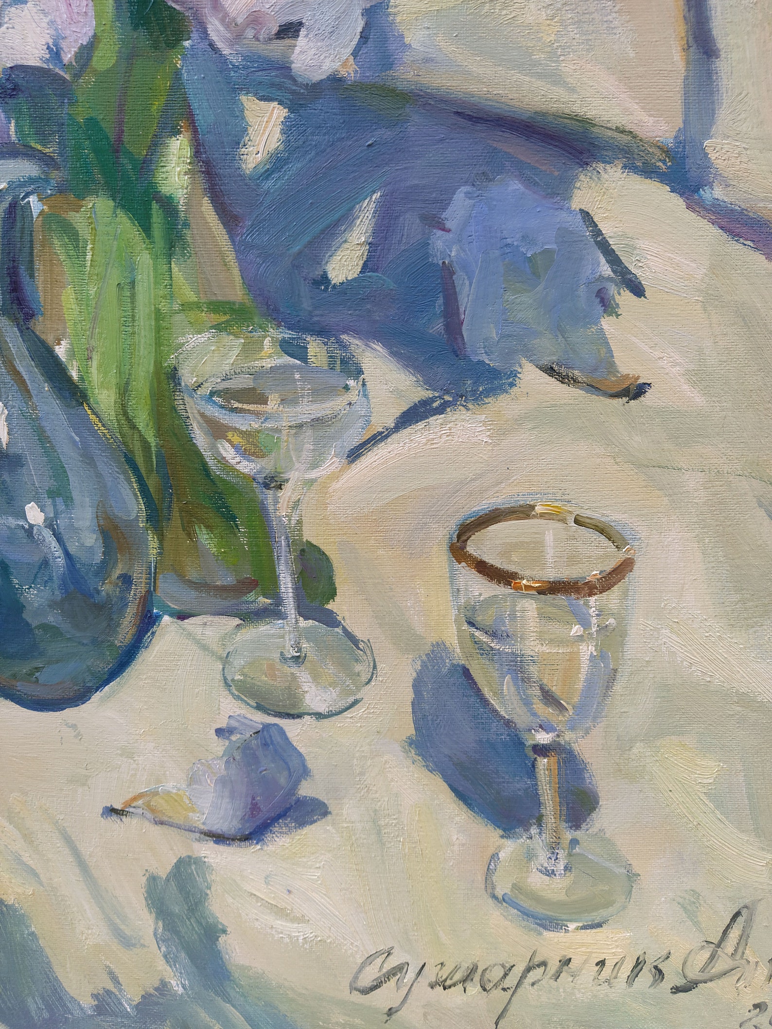 Still Life With Flowers Spring Irises and Wine Glasses Home - Etsy