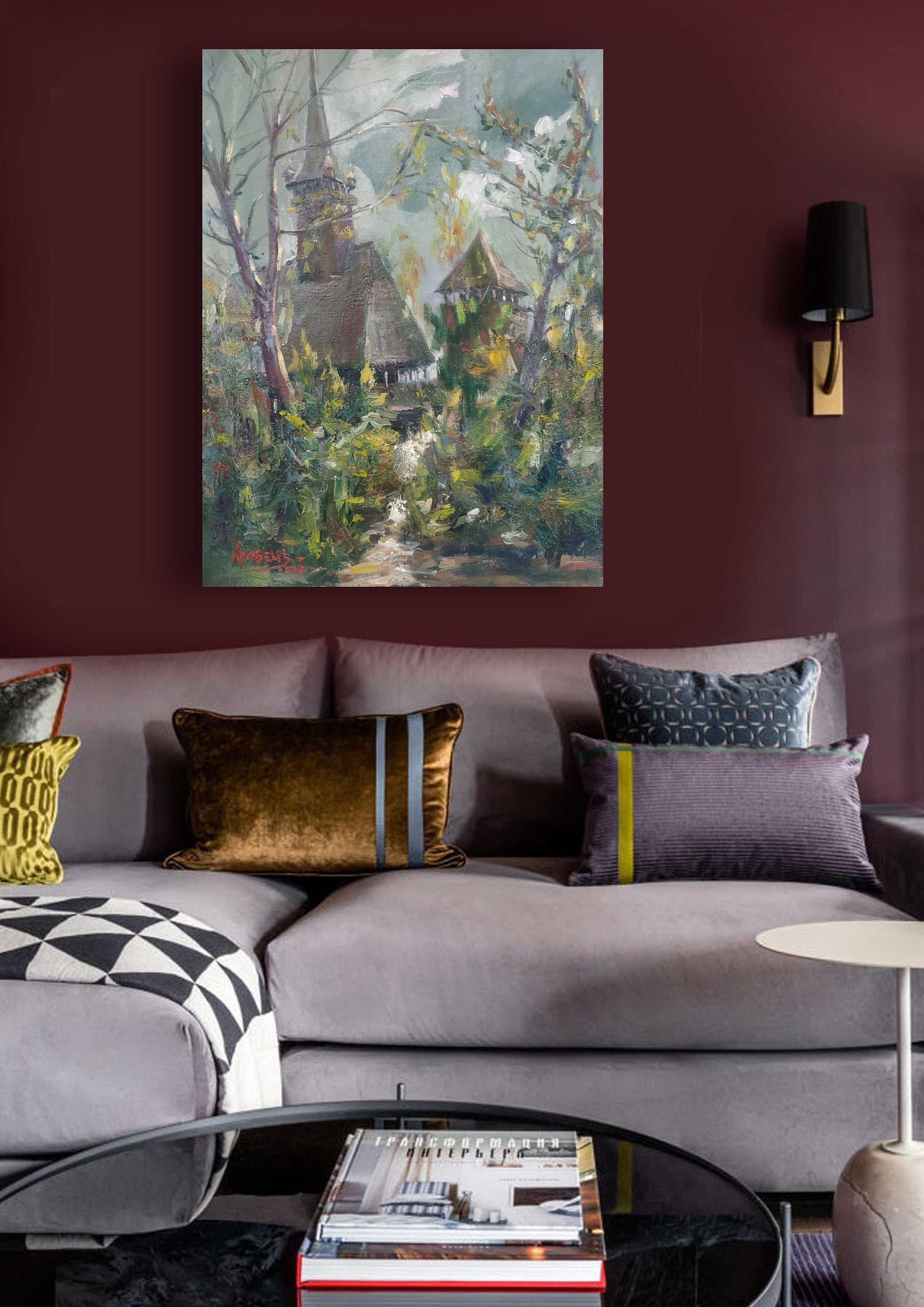 Green painting with the Temple Spring landscape | Etsy