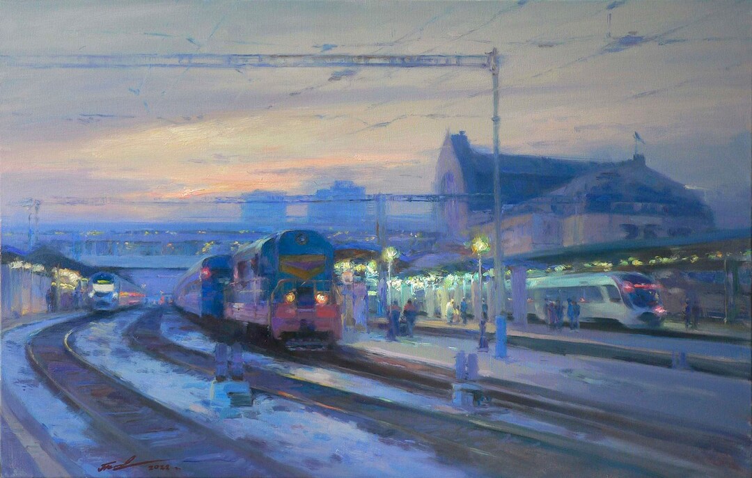 Original Painting, Oil Painting Railway Station, Impasto Painting ...
