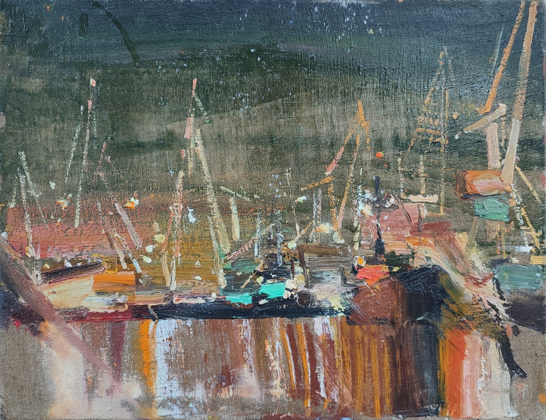 Original Painting, Oil Painting, Port, Night Port, Accessible Art ...
