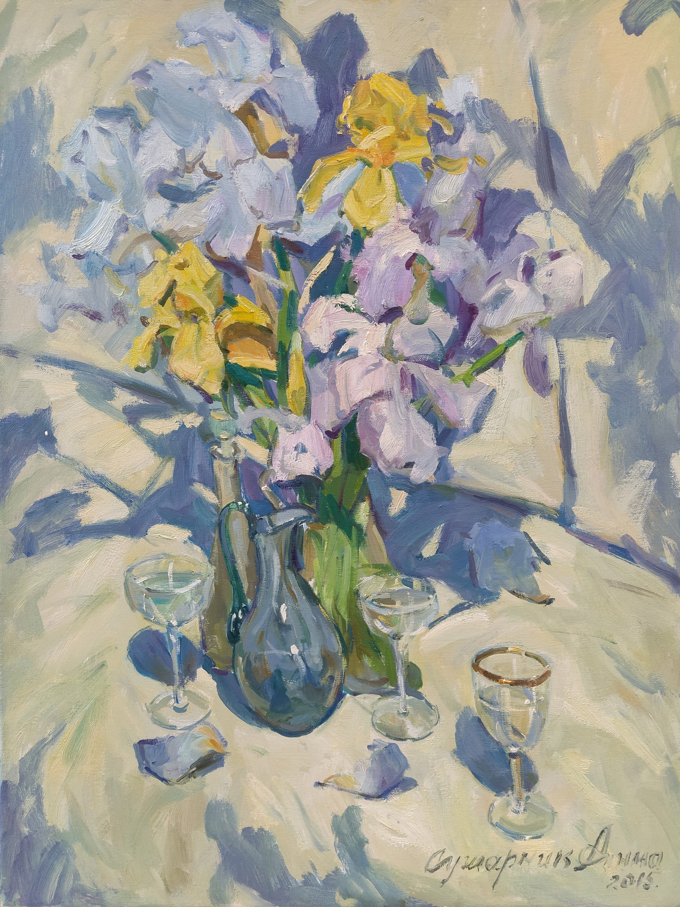 Still Life With Flowers Spring Irises and Wine Glasses Home | Etsy