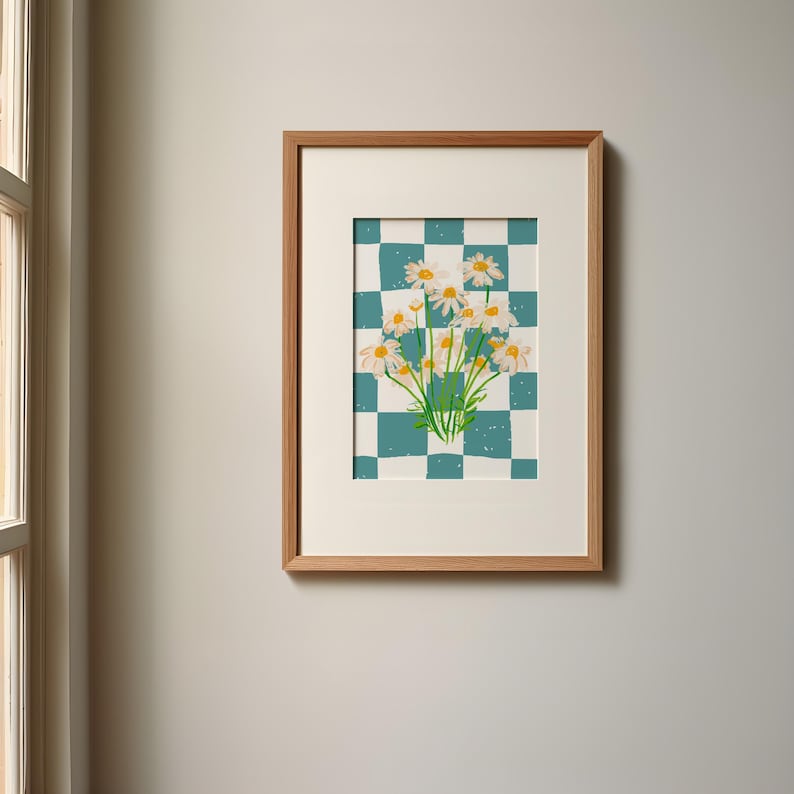 Checkered Floral Art Print, Instant Digital Download Wall Art, Trendy ...