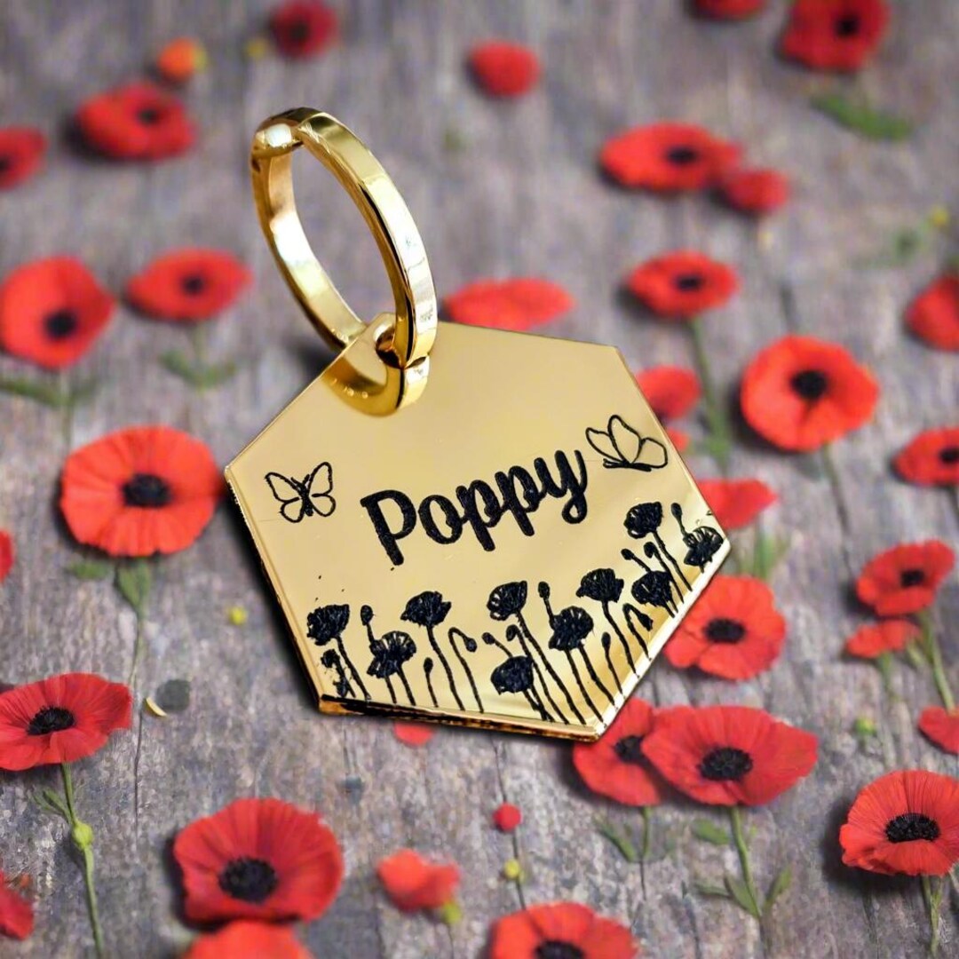 Poppy Flower Engraved Pet ID Tag, Custom Dog Name Tag With Unique ...