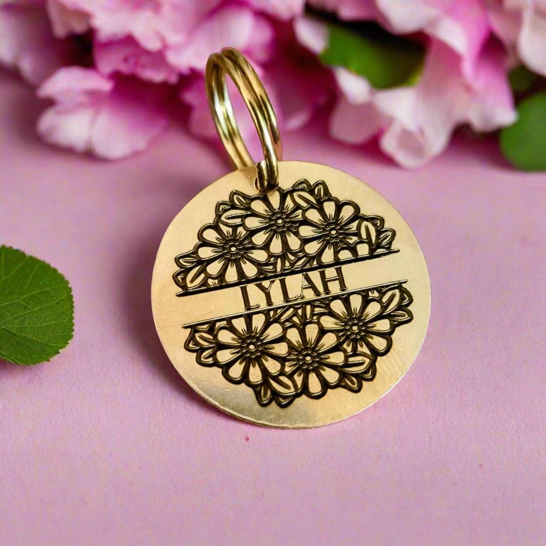 Engraved Pet ID Tag, Custom Dog Name Tag With Flower Burst, High ...