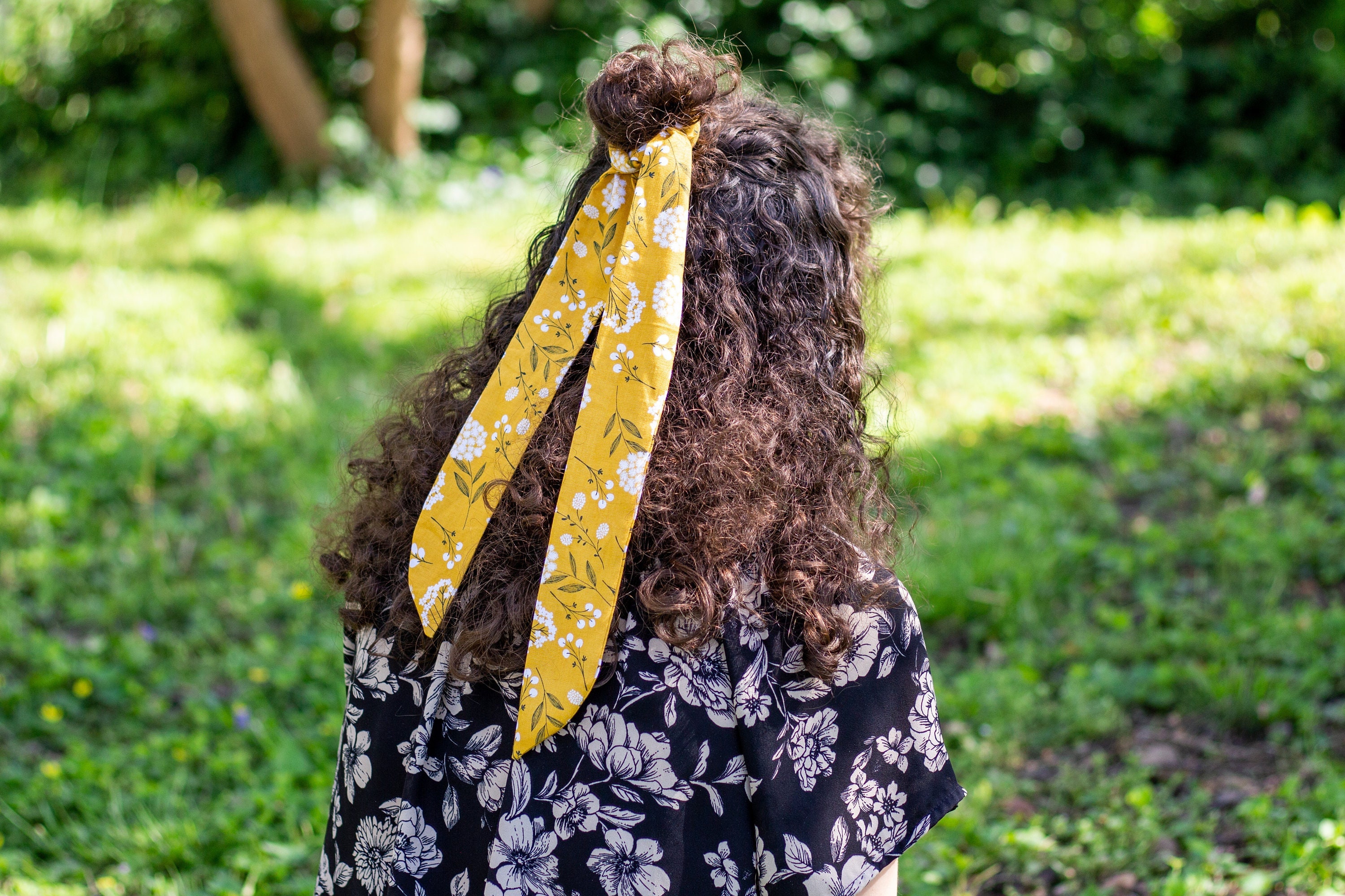 Mustard Floral Hair Scarf, Ponytail Scarf, Hair Ribbon, Skinny Scarf ...