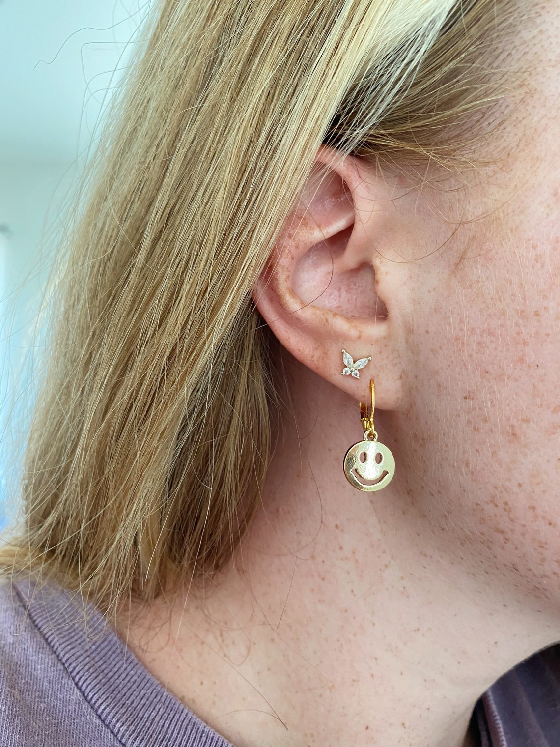 Smiley Face Huggie Earrings | Dainty Gold Plated Hoop Smiley Face ...
