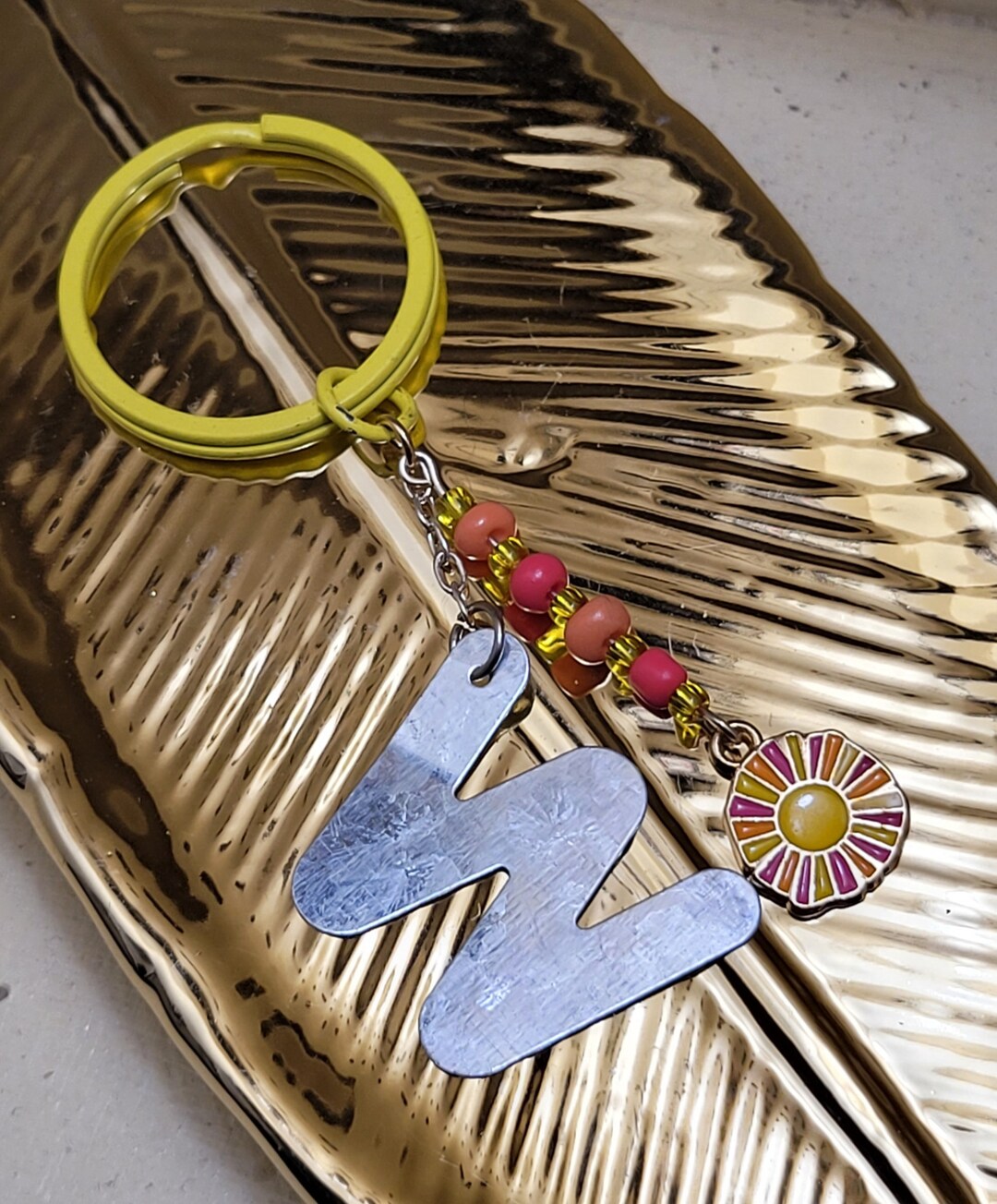 Hand-created Keychain, W Keychain, Sun Keychain (letter: W/pink ...