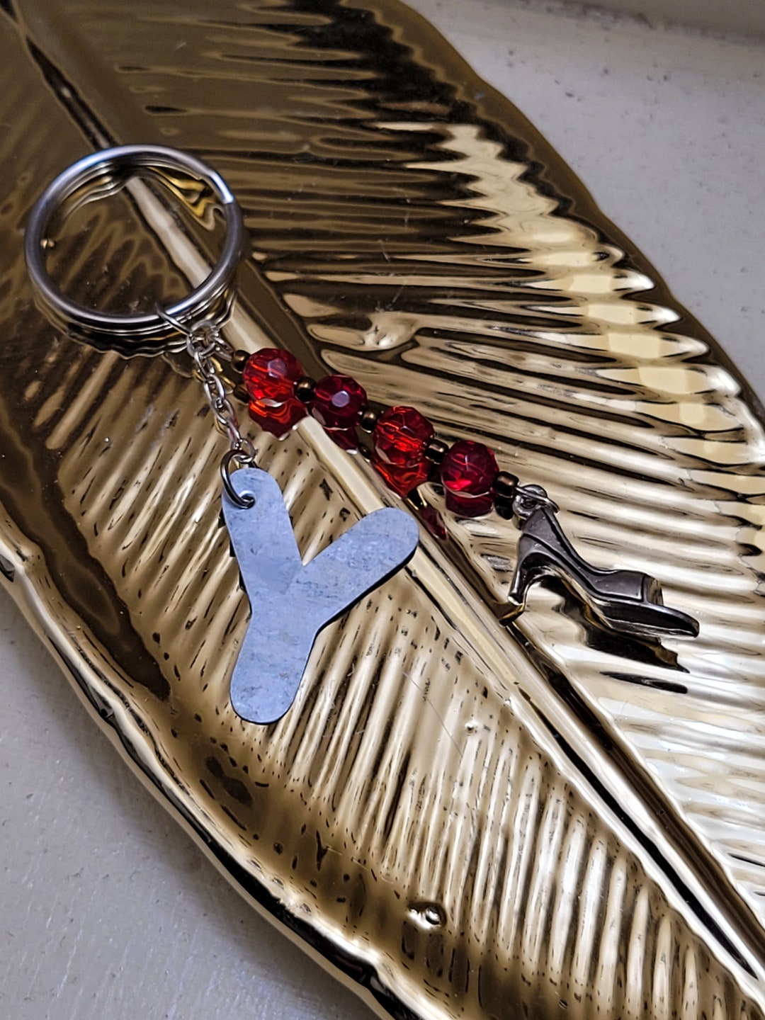 Hand-created Keychain letter: Y/red & Gold Glass Beads/high Heel Charm ...