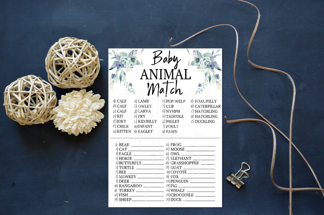 Blue Floral Baby Animal Match Game / Baby Animal Match Baby Shower Game ...