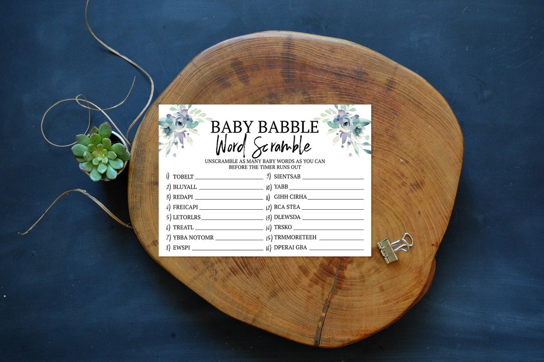 Blue Floral Baby Shower Word Scramble / Baby Babble Baby Shower Game ...