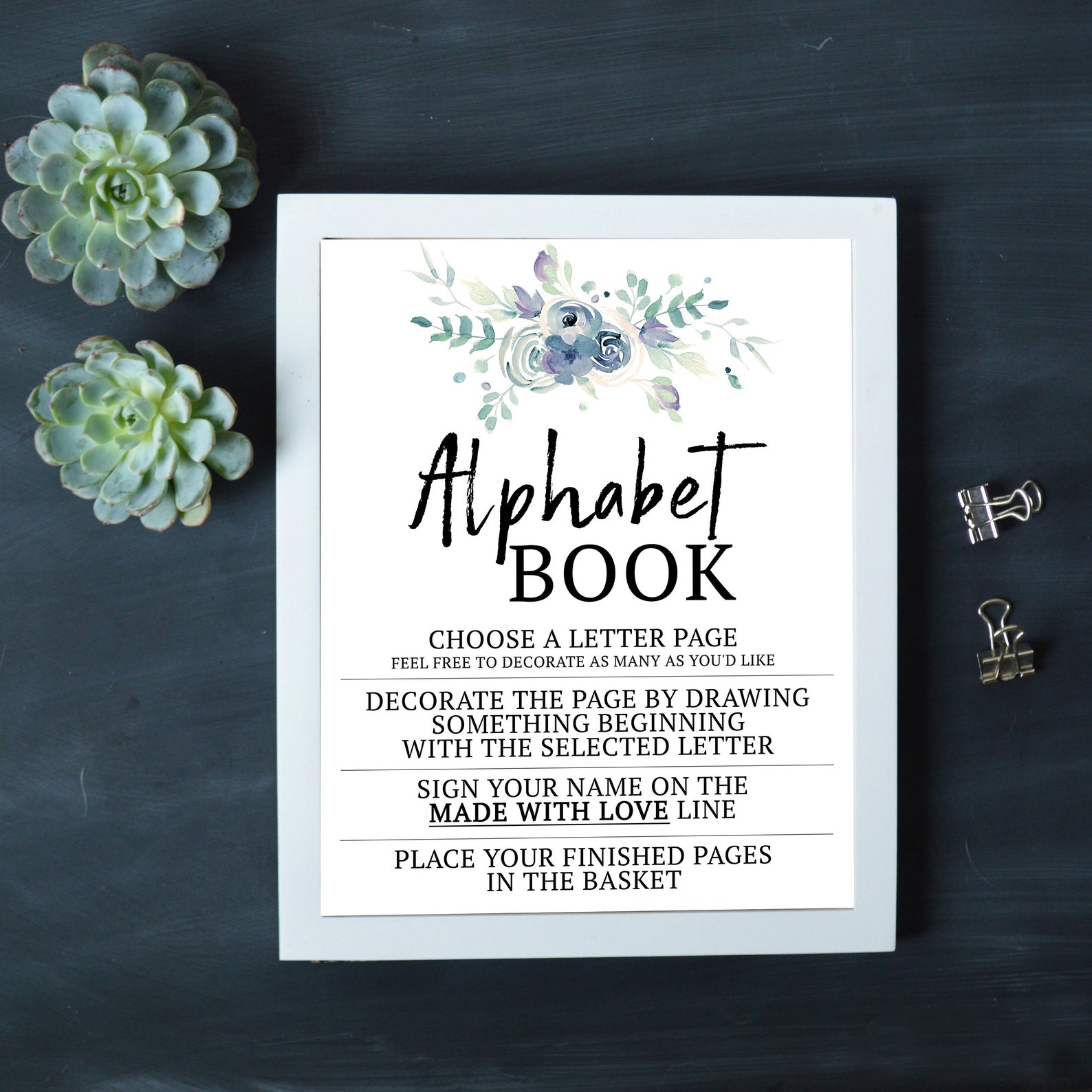 Blue Floral Alphabet Book Sign / Printable Alphabet Book Instructions ...