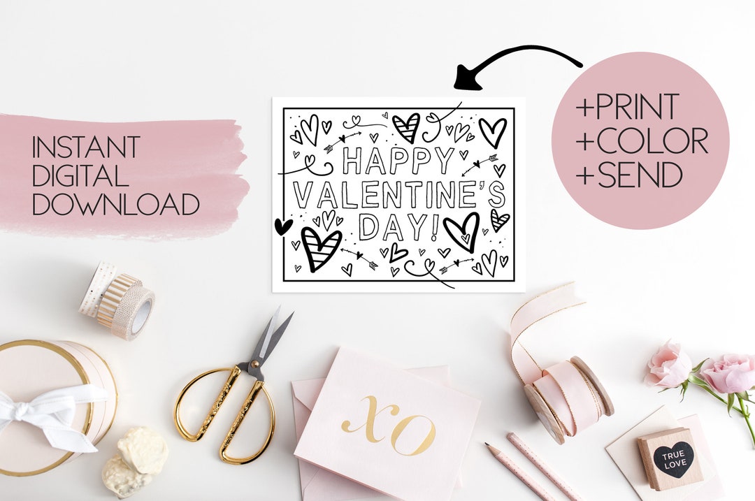 Doodle Valentine's Day Card / Printable Coloring Valentine's Day Card ...