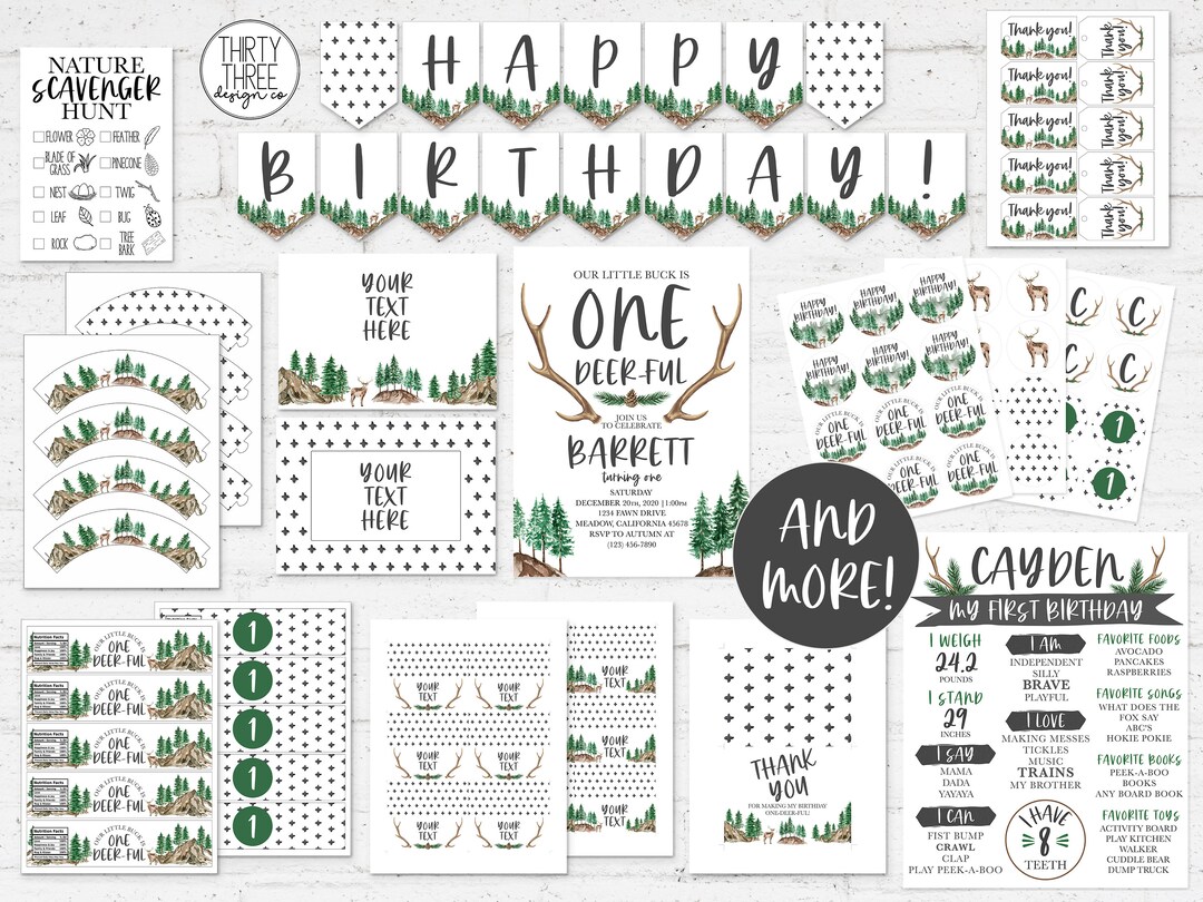 One-deer-ful First Birthday Party Bundle | Woodland Printable Party ...