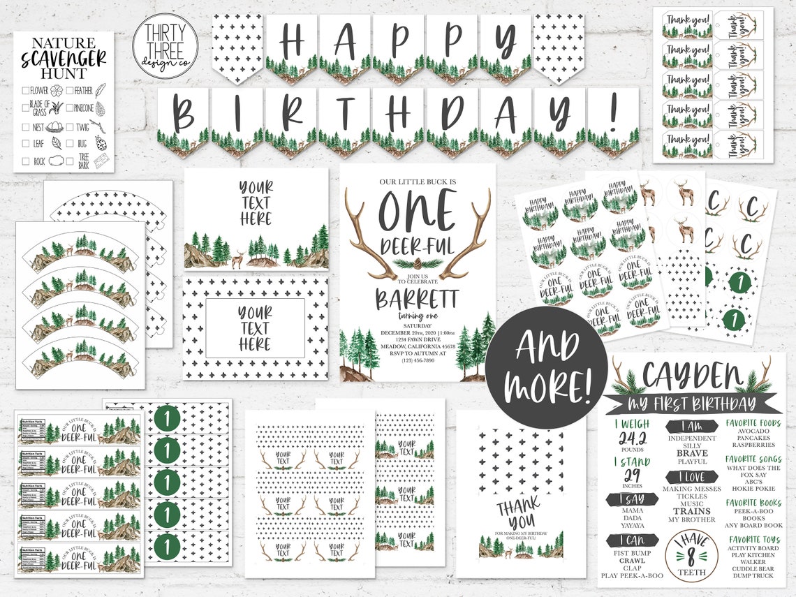 One-deer-ful First Birthday Party Bundle Woodland Printable - Etsy