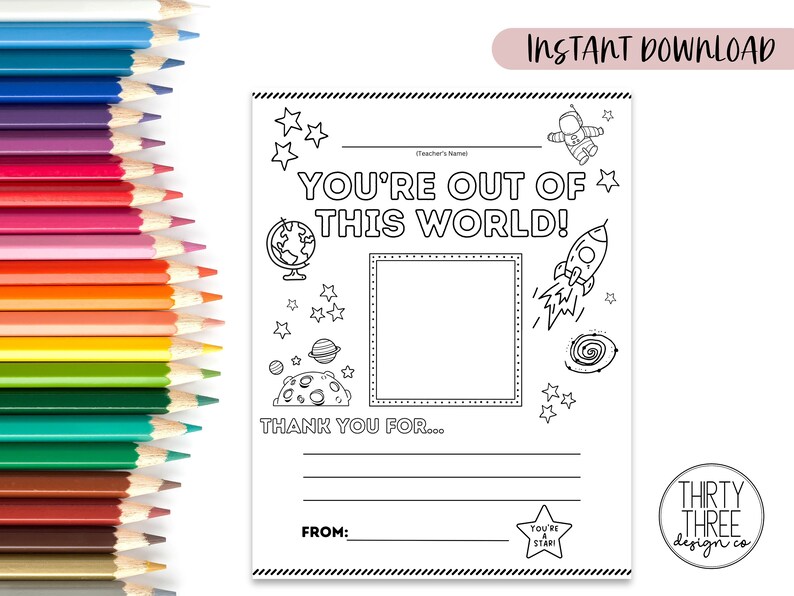 Teacher Appreciation Coloring Page: Space Theme Thank You Card (digital ...
