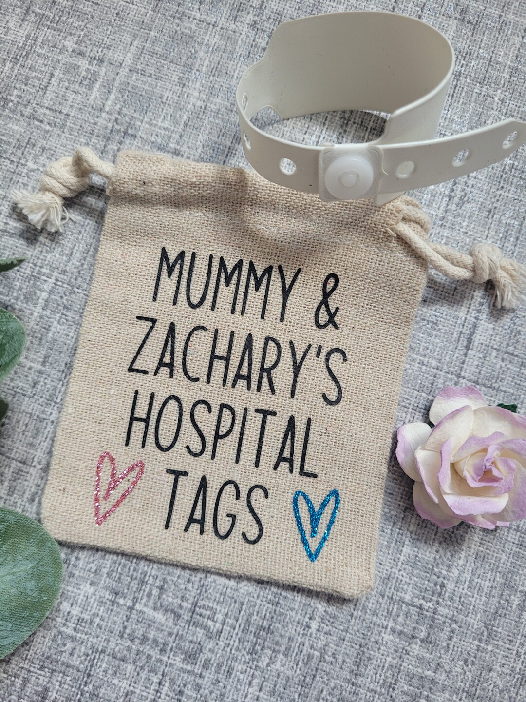 Mum and Baby Hospital Tag Keepsake Bag, Hospital Band Keepsake ...