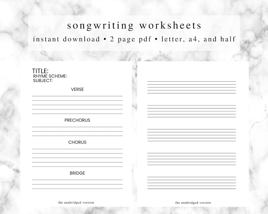 Digital Songwriting Worksheets: Instant Download, 2 Page Pdf Letter, A4 ...