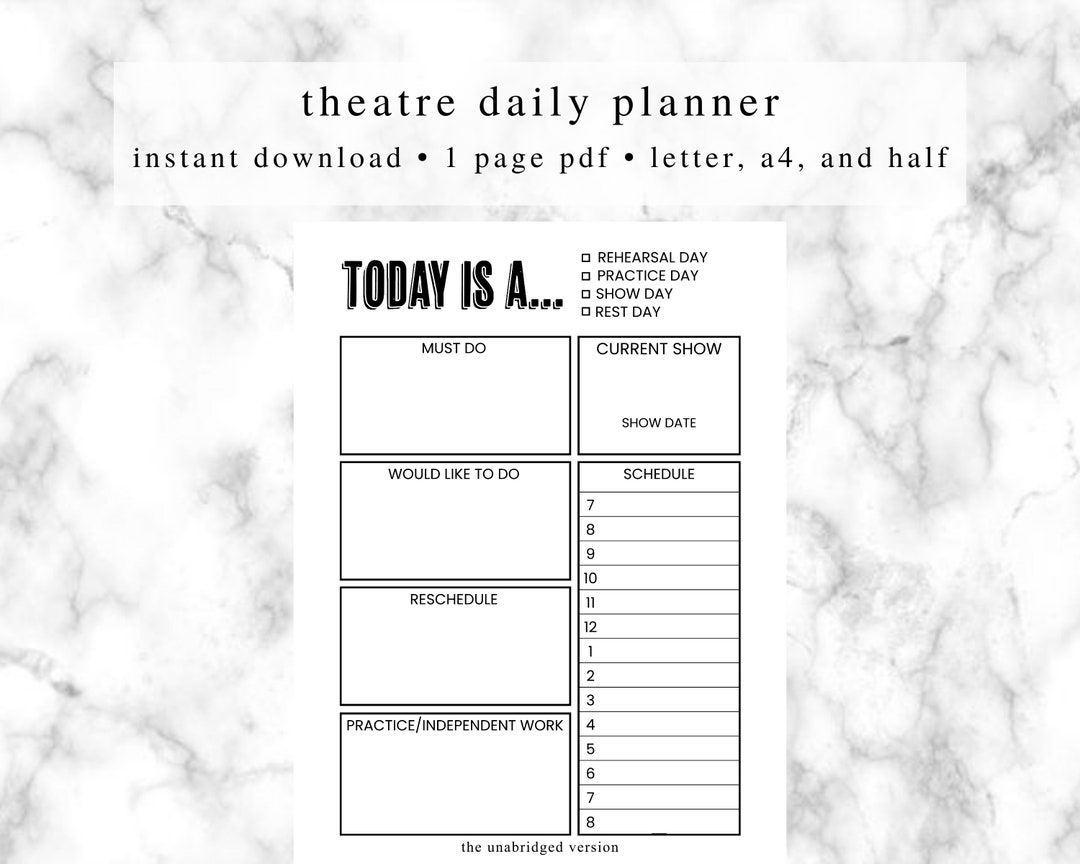 Digital Theatre Daily Planner: Instant Download, 2 Page Pdf Letter, A4 ...