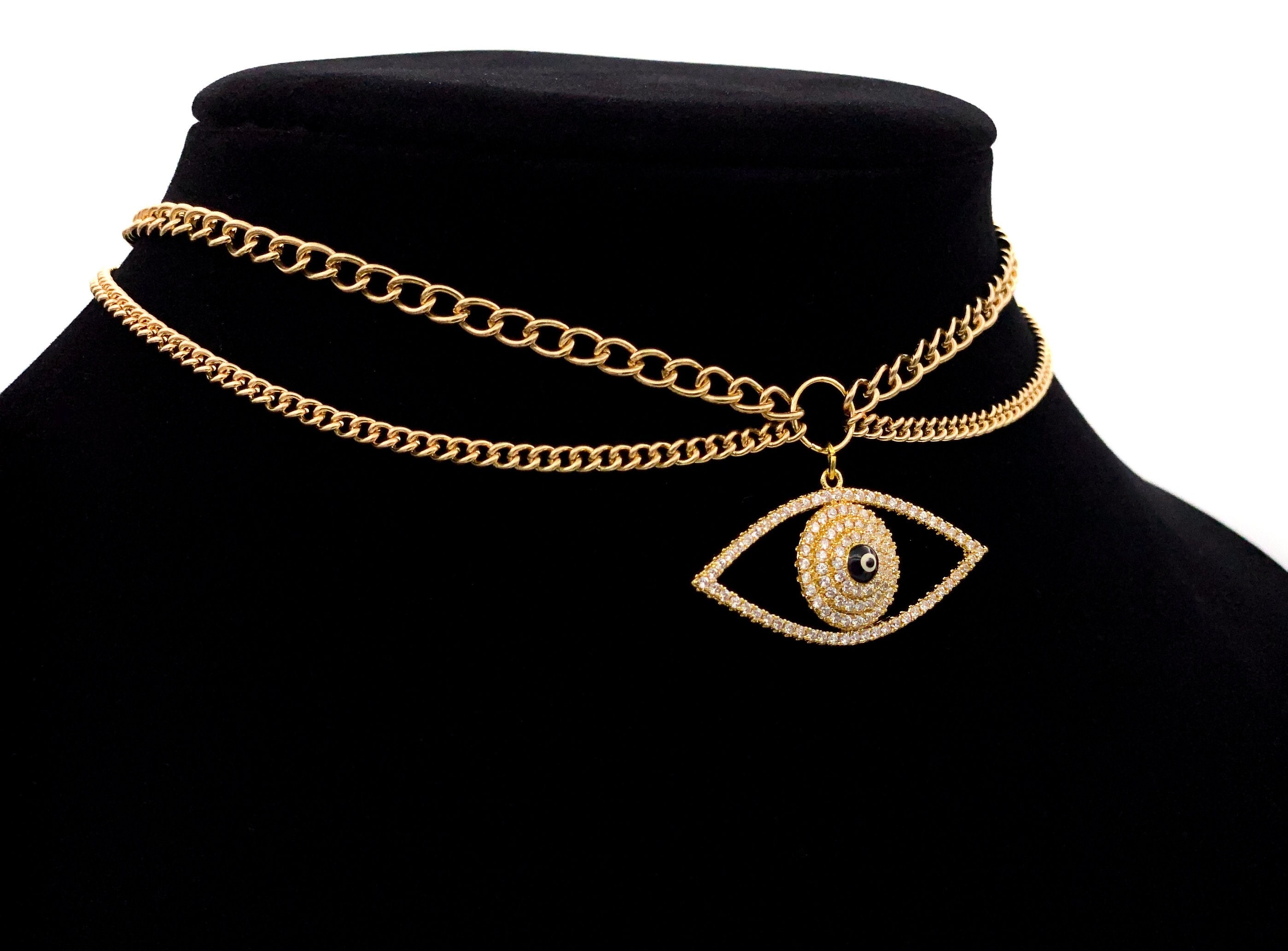 Large Evil Eye Rhinestone Silver or Gold Double Chain Rave | Etsy