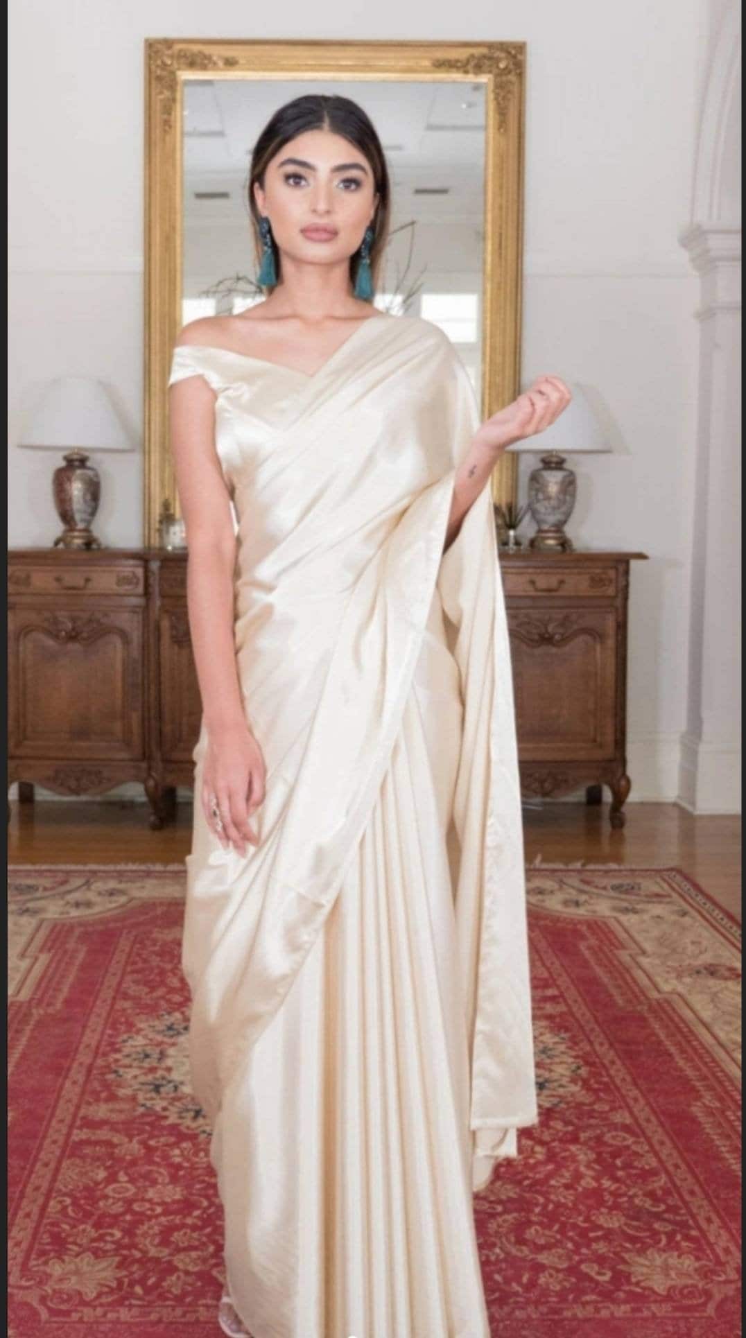 Ivory color soft satin silk saree and blouse for women saree | Etsy