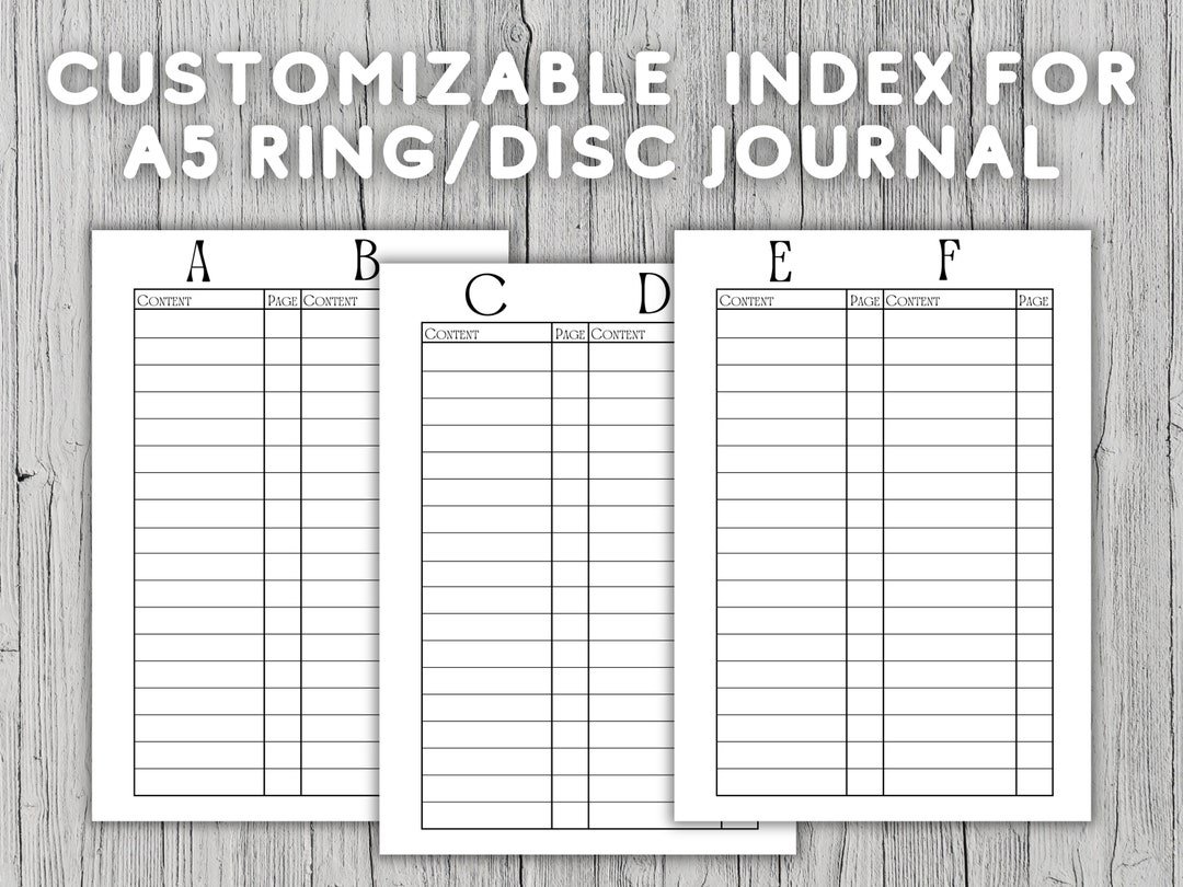 Customizable Index for A5 Journal Disc or Ring Binder Digital Download ...
