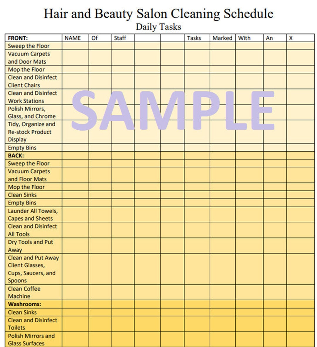 EDITABLE Hair Salon, Nail Salon, Beauty Salon Cleaning Schedule and ...
