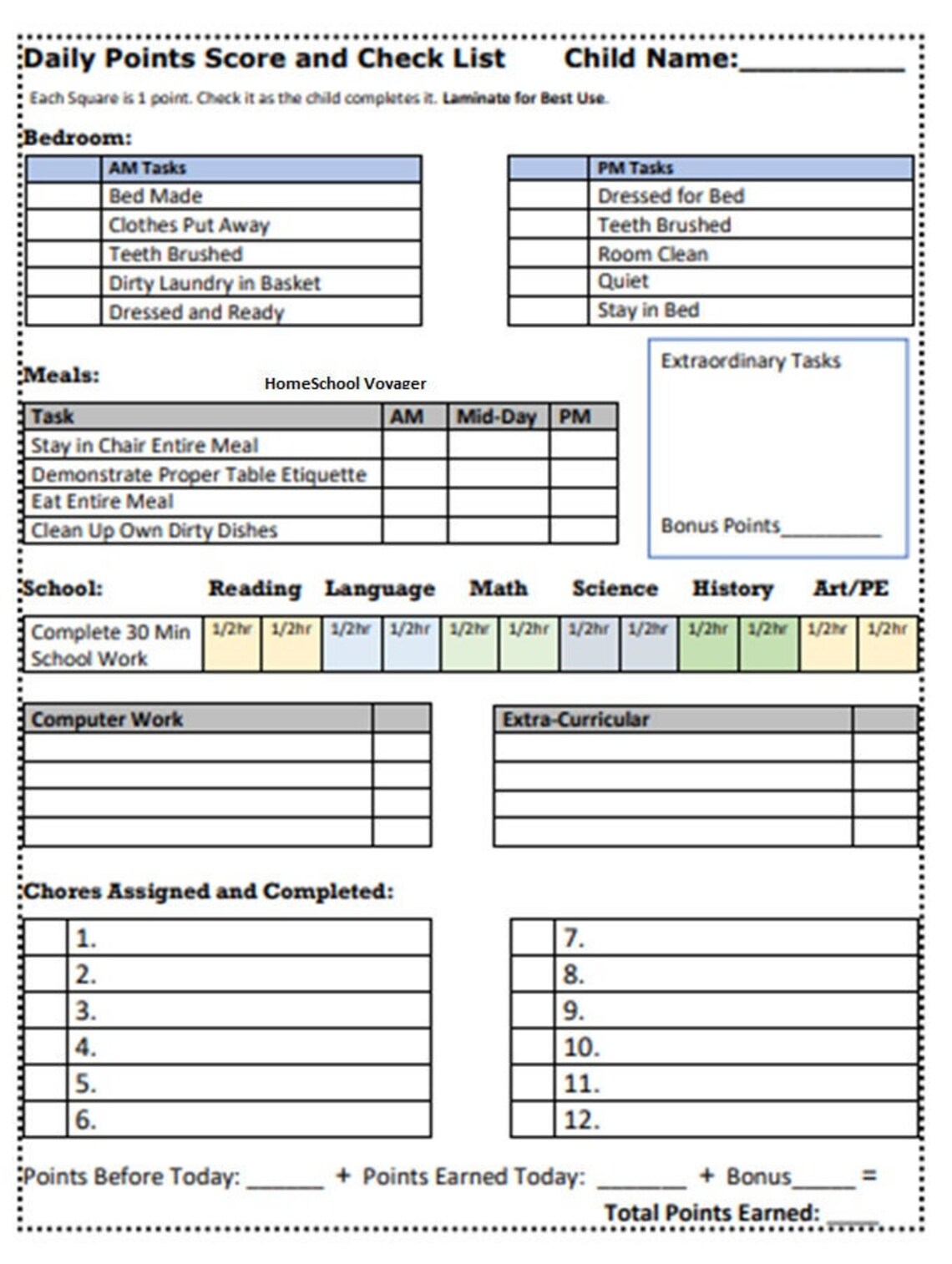 Daily Points Score and Check List Older Kids EDITABLE WORD & PDF - Etsy