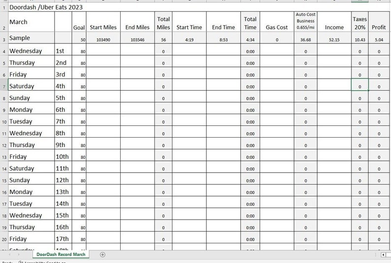 Doordash Uber Eats Editable Record Keeper for Taxes and Expenses 2023 ...