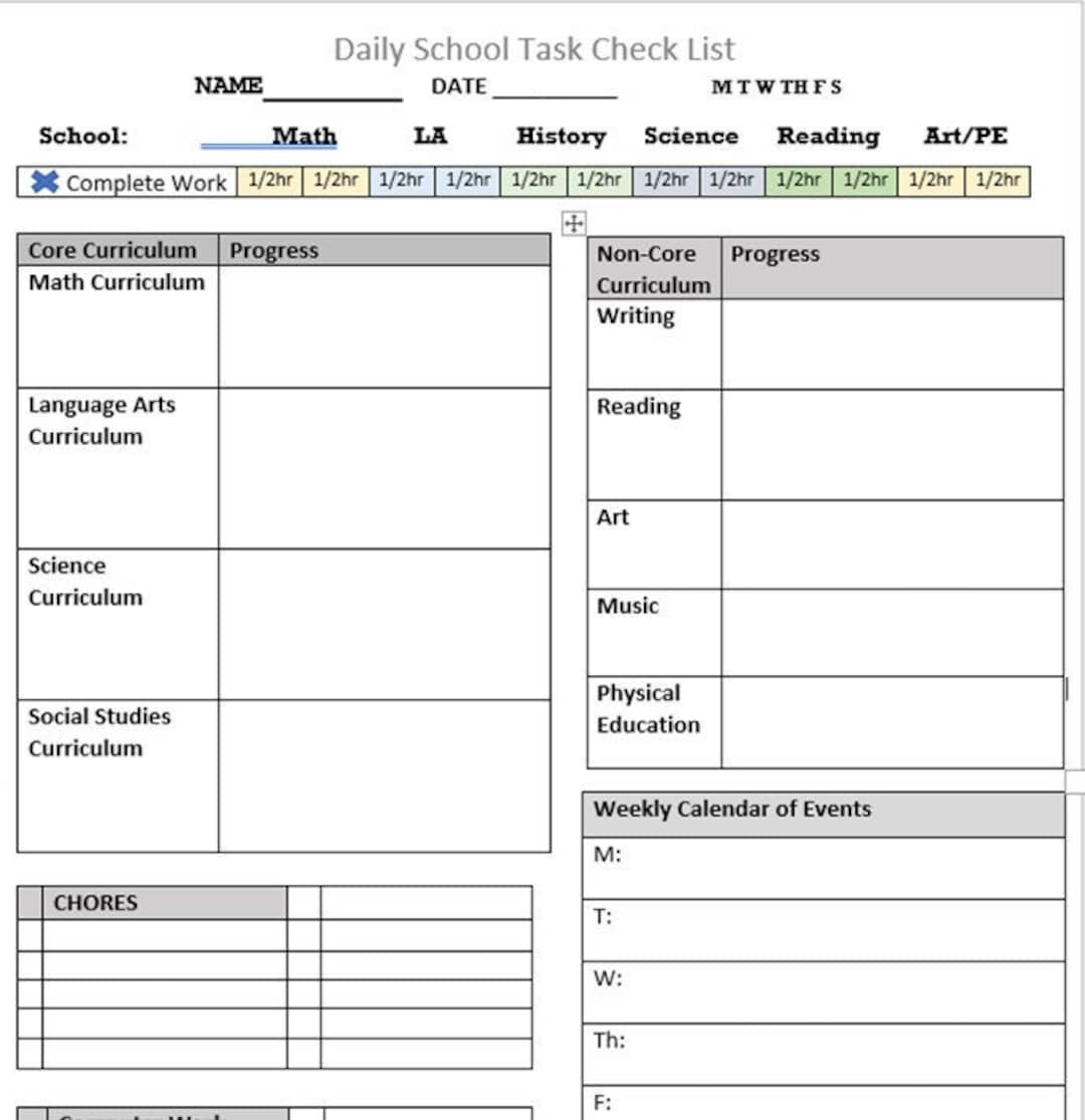 Daily School Task Check List for Older Elementary and High School ...