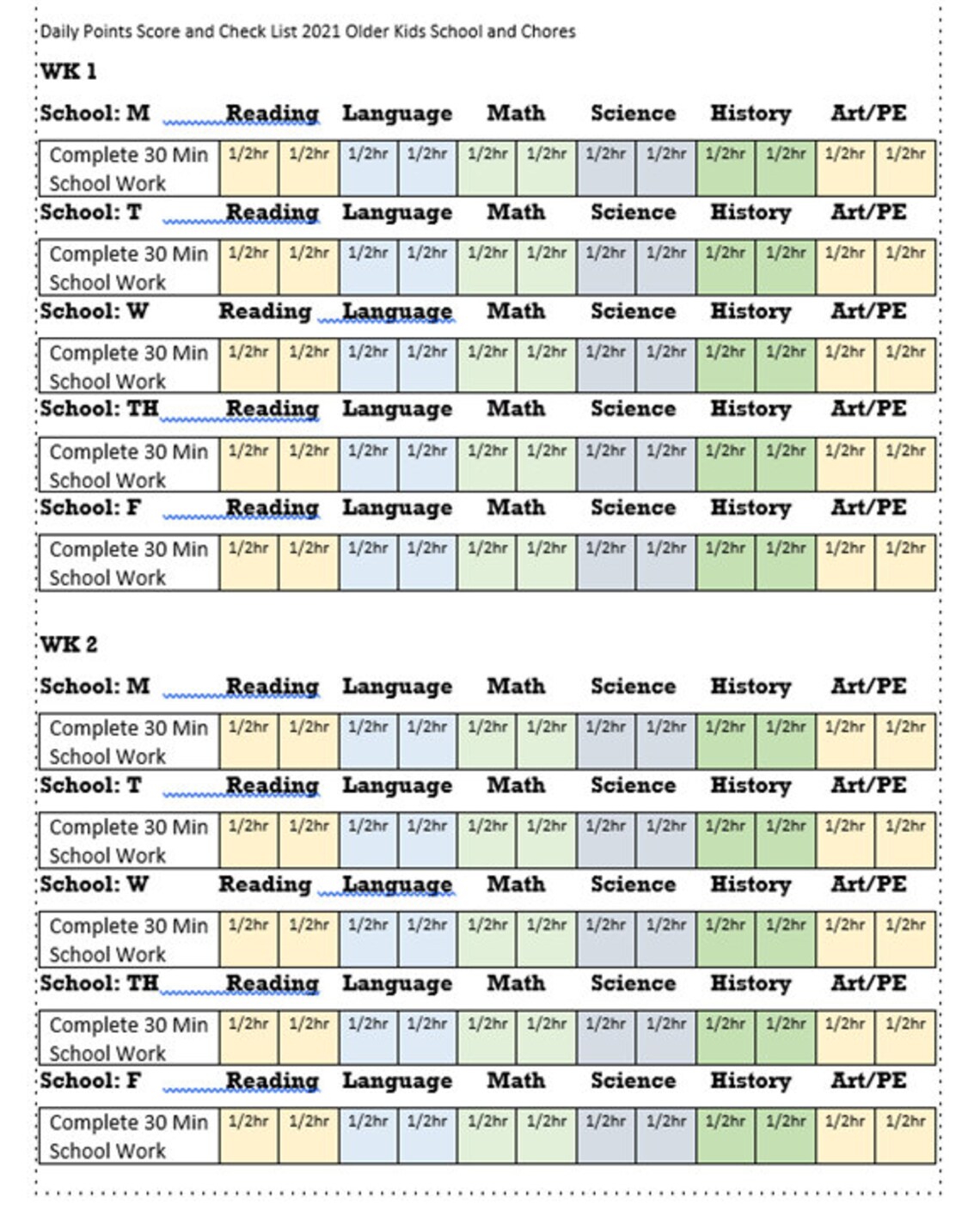 Daily Points Score and Homeschool Checklist Older Kids and Chores - Etsy