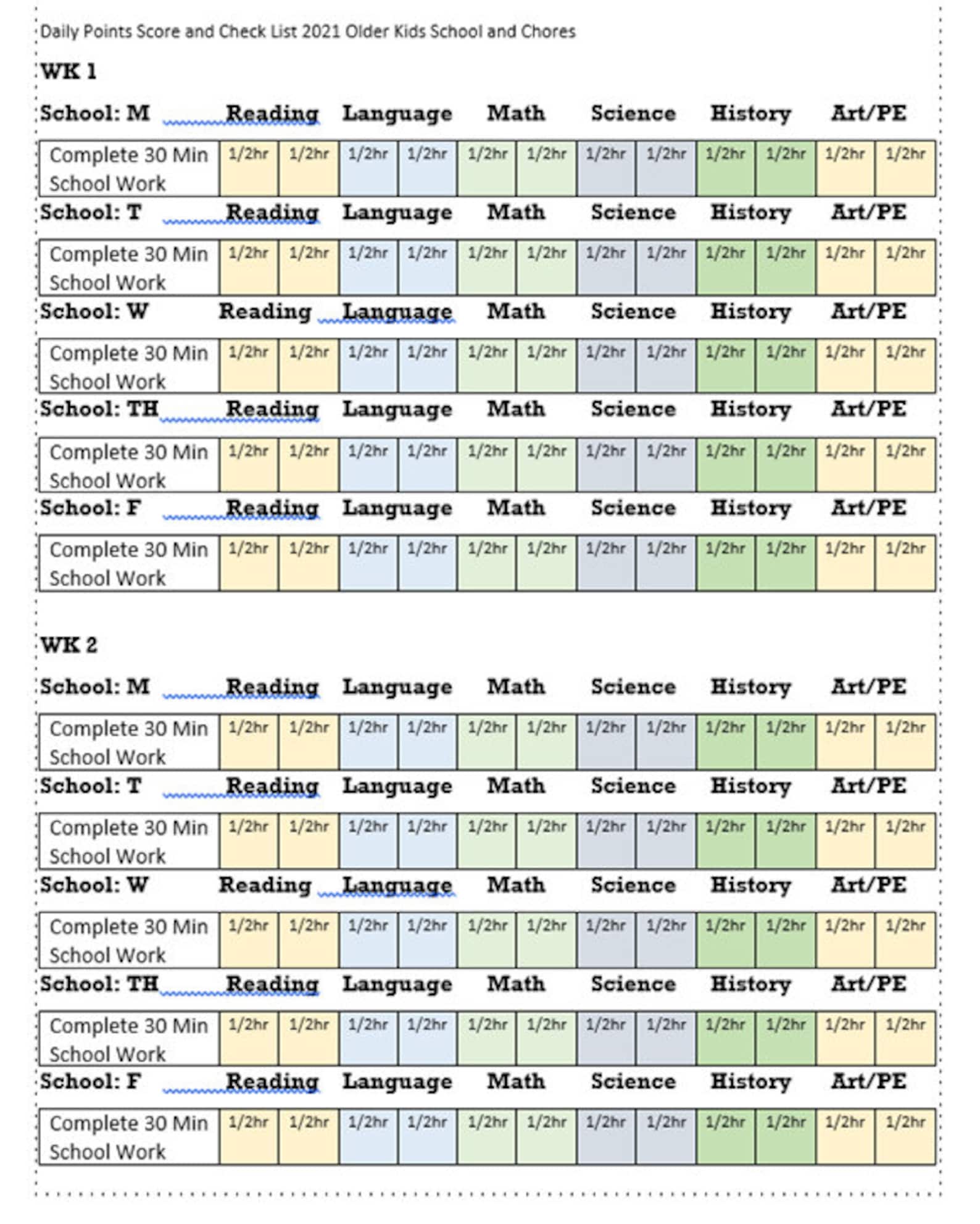 Daily Points Score and Homeschool Checklist Older Kids and Chores - Etsy